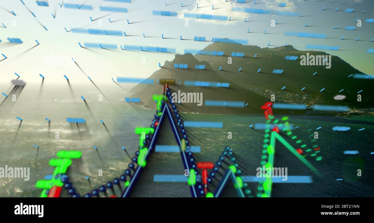 Displaying colorful 3D line chart over sunlit coastal bay, with arrows ...