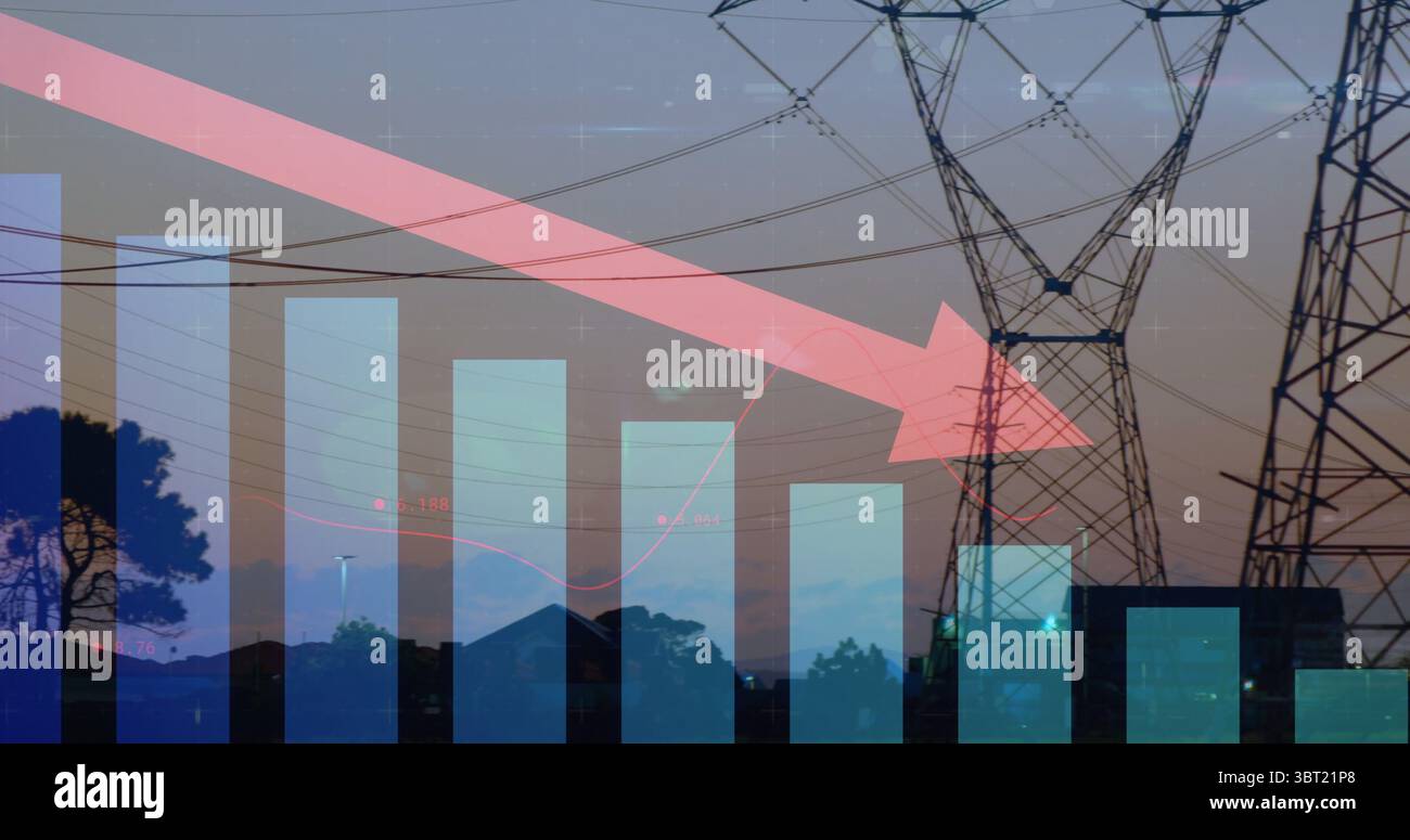 Rising right transmission tower dominating utility corridor, with chart ...