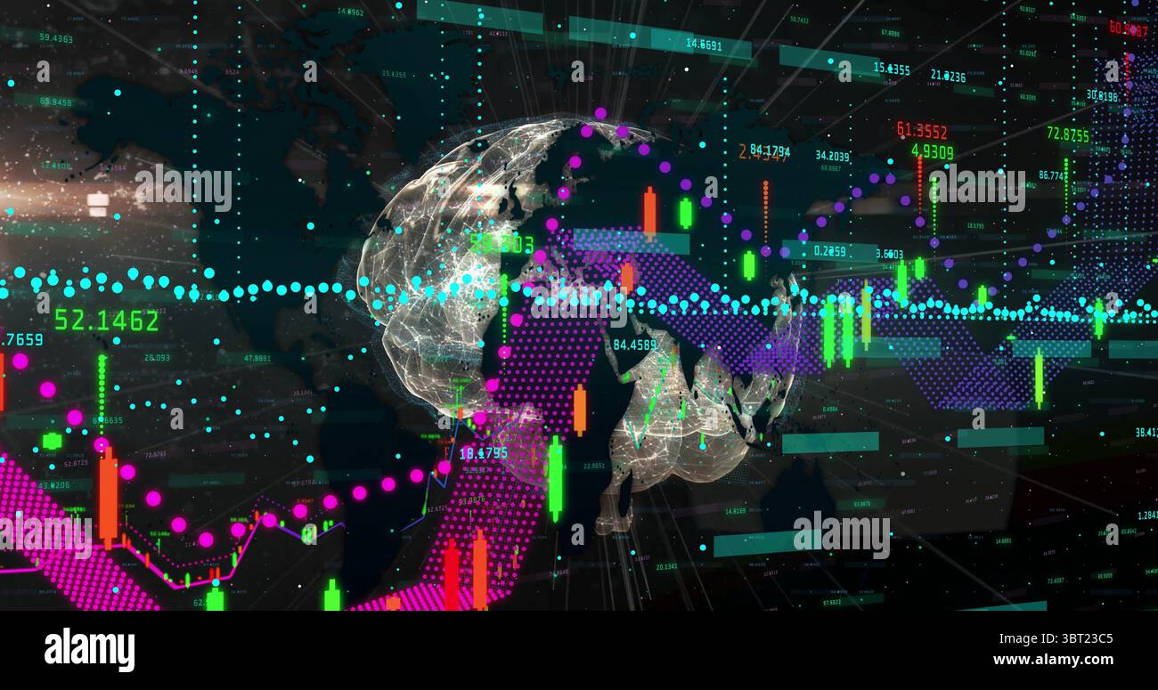 Displaying clear 3D Earth globe floating over dark data grid, showing candlesticks and trend ...