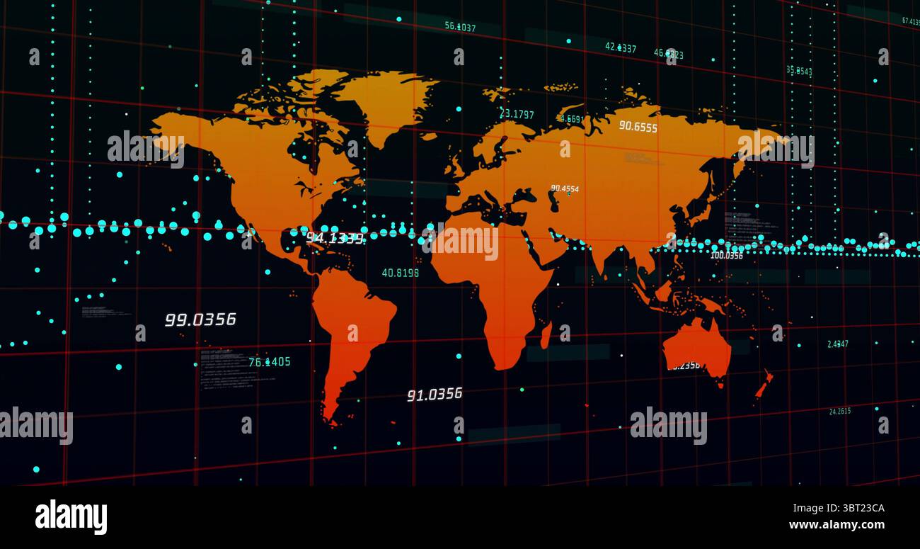 Showing orange world map in dashboard with teal points, white numeric ...