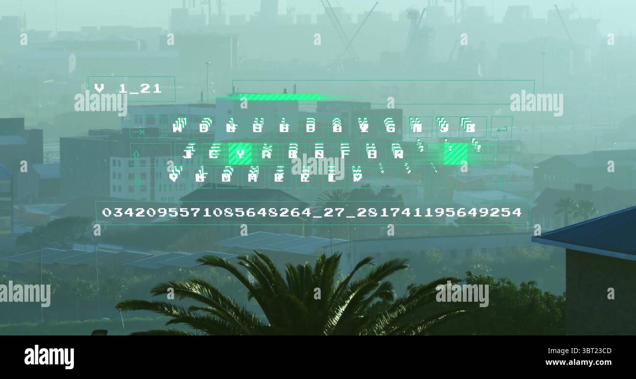 Floating green data overlay hovering over containers in industrial area ...