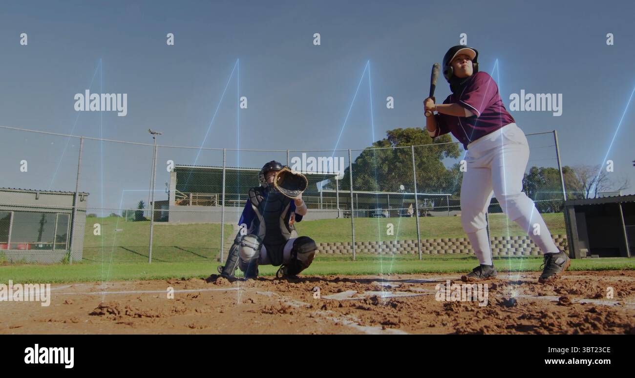 Positioning catcher wearing mitt and shin guards facing batter gripping ...
