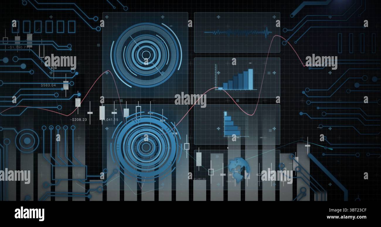 Central data dashboard displaying charts in control interface, with HUD dials and pink line ...
