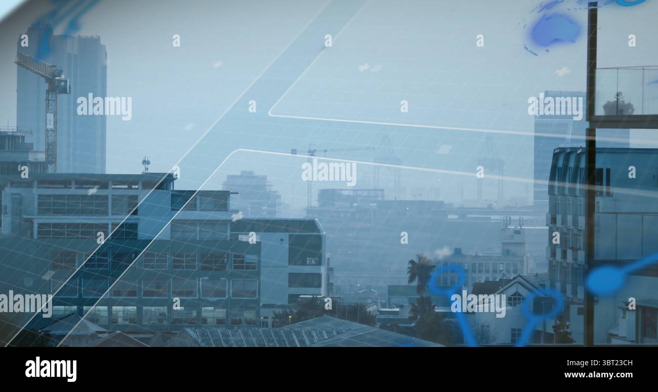 Showing solar-paneled office buildings standing behind glass, with ...