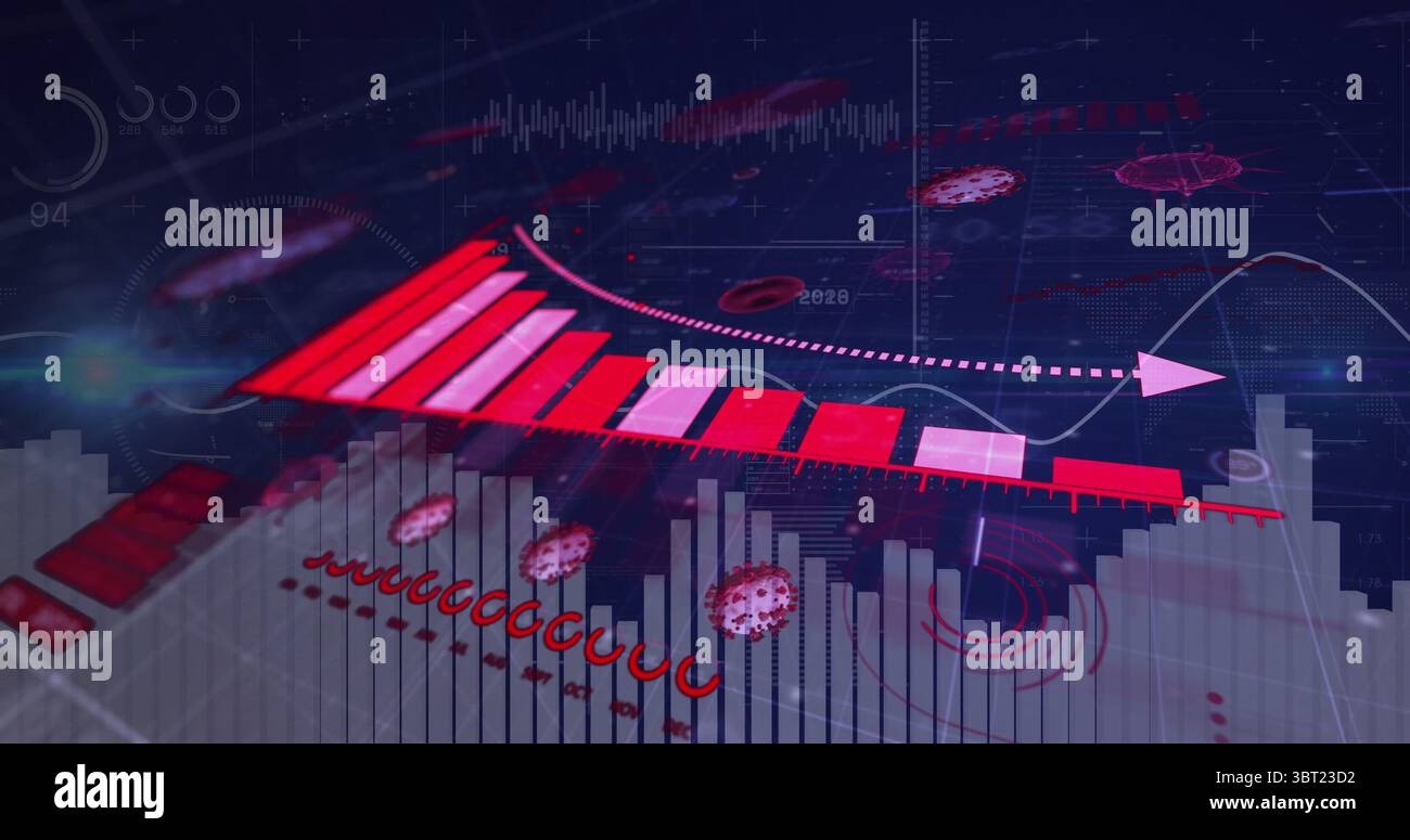 Presenting 3D red downward bar chart with dotted trend arrow over grid ...