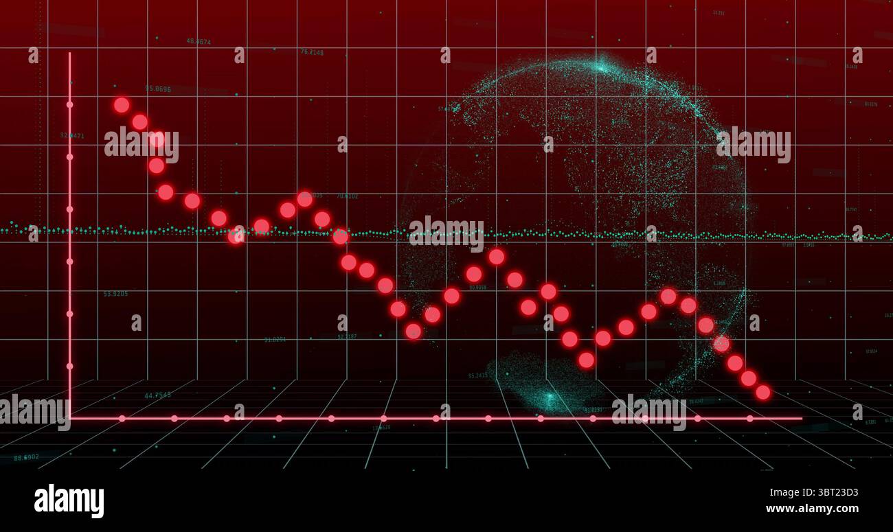 Falling red plot line with markers sliding across 3D grid, with aqua line and digital globe ...