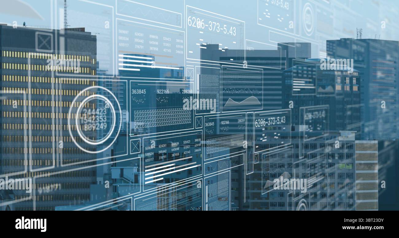 Projecting translucent data panels displaying line charts and circular gauges over urban skyline ...