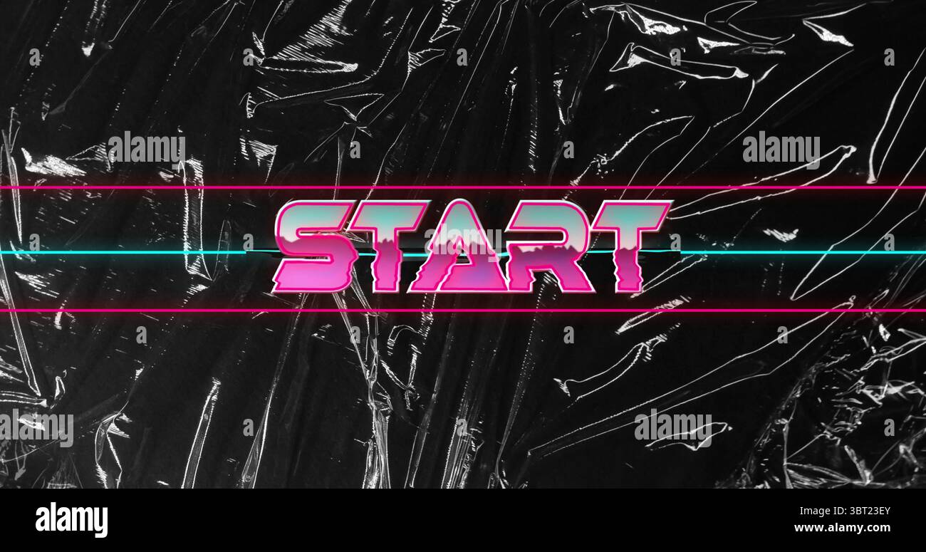 Displaying retro neon text START on crinkled black vinyl backdrop, with ...