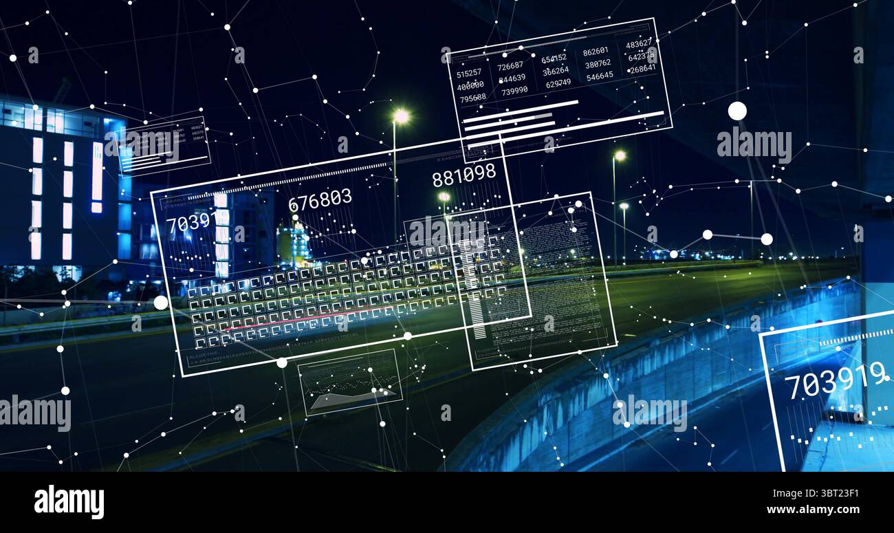 Displaying translucent HUD panels, network nodes hovering above highway at night with city ...