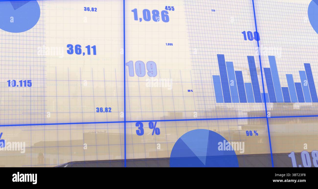 Displaying digital dashboard in office, with bar chart, pie segments ...