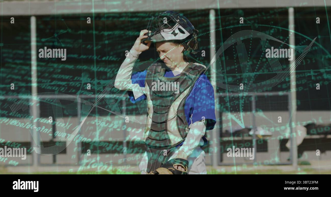 Adjusting mask on catcher wearing uniform on baseball field, holding ...