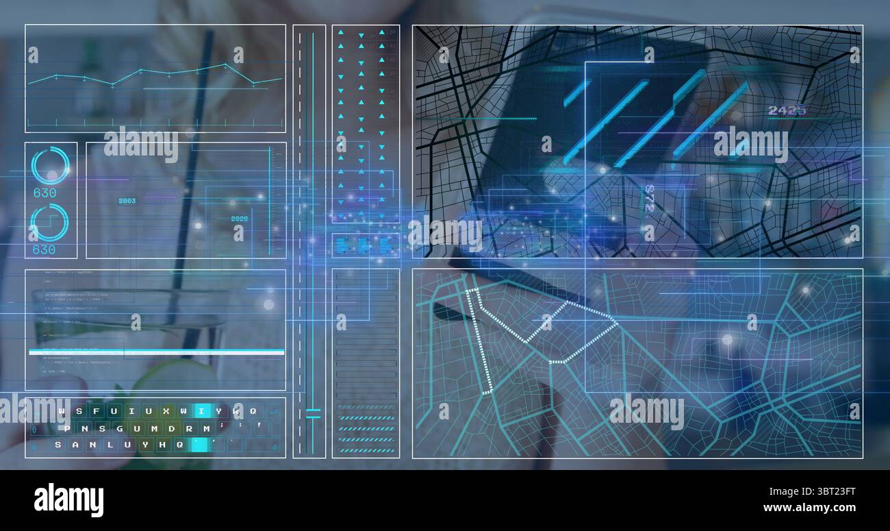 Displaying digital dashboard overlay above laptop on desk in office ...