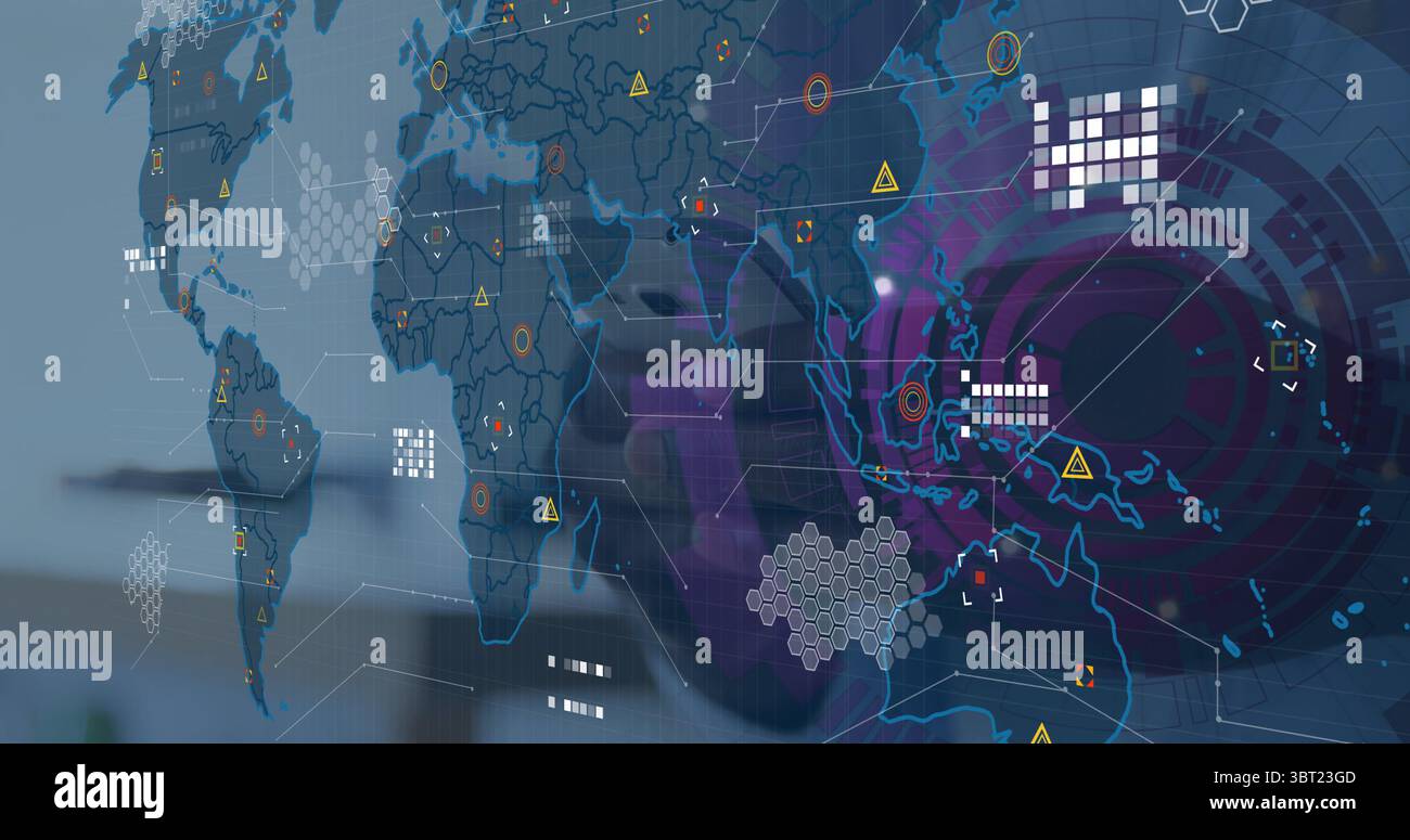 Displaying semi-transparent world map floating over office desk, with hexagonal grids and ...