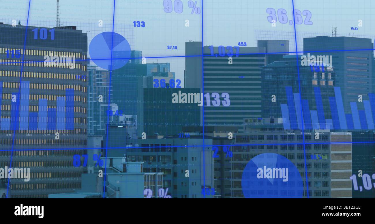 Displaying office towers showing translucent data charts over downtown ...