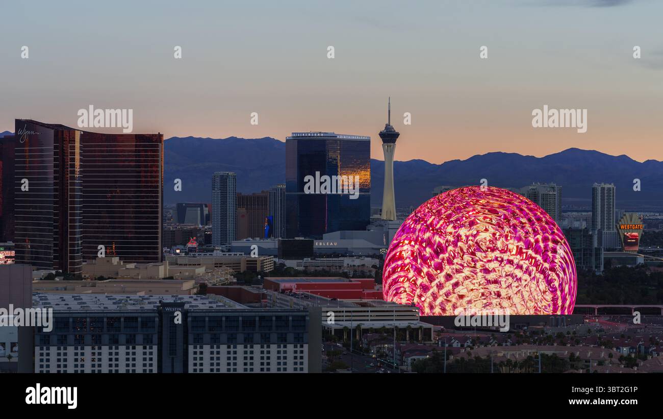 The Sphere in Las Vegas, cityscape looking north, shows also The Wynn ...