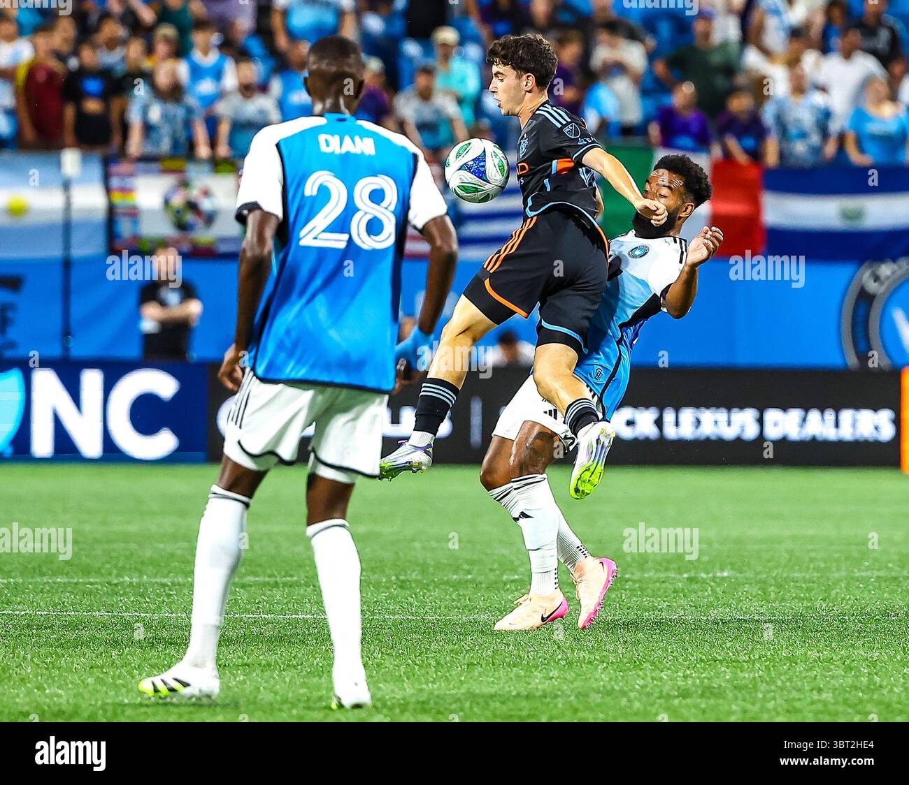 July 12, 2025: New York FC mid-fielder Jonathan Shore (32) goes up over ...