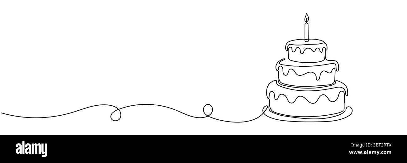 Continuous line drawing of a birthday cake with candle,Continuous Line ...