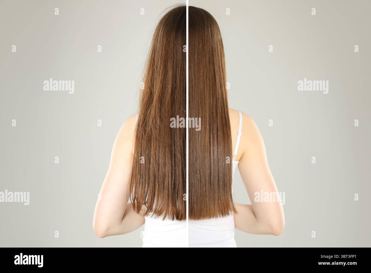 Hair combing, straightening. Woman showing hairstyle before and after ...
