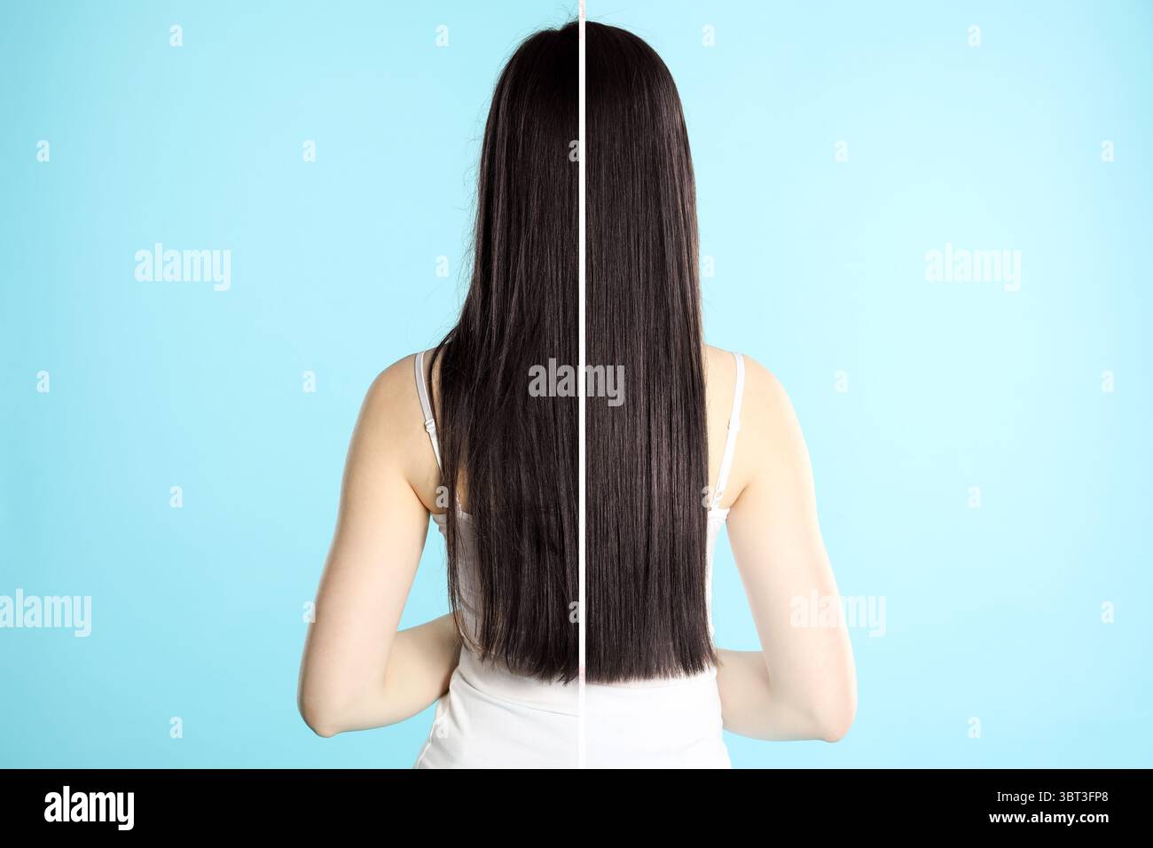 Hair combing, straightening. Woman showing hairstyle before and after ...