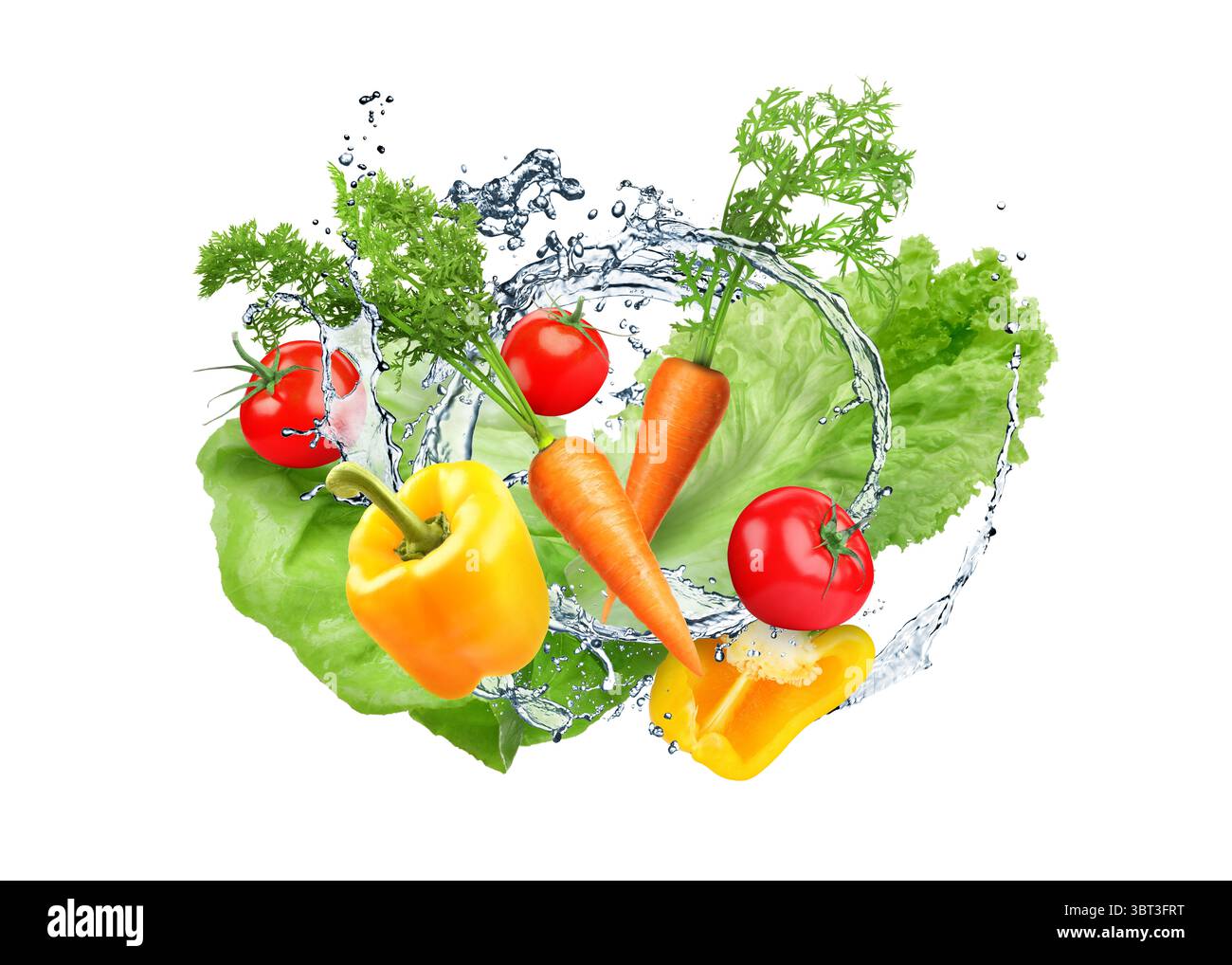 Fresh vegetables and water splashes in air on white background Stock ...