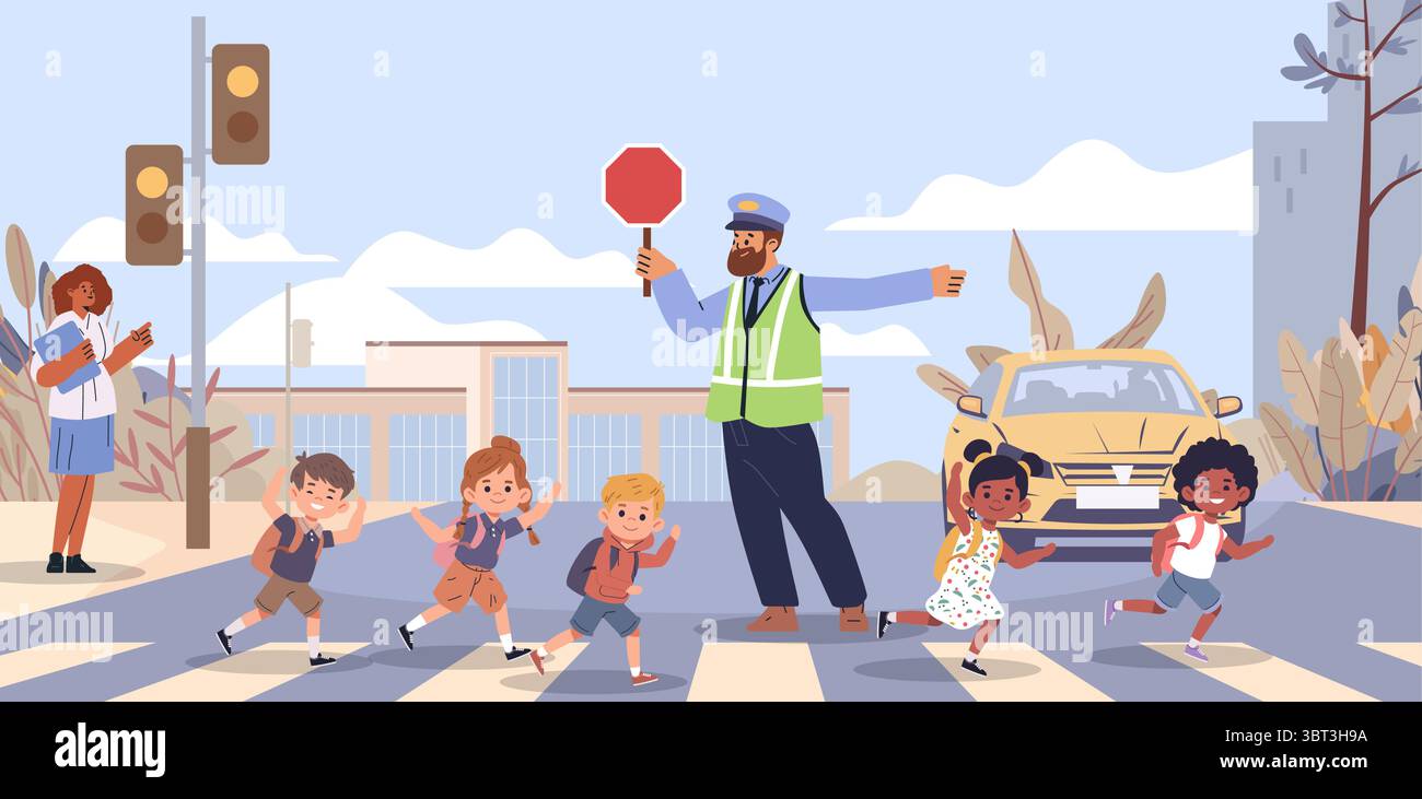 School children crossing guard safety crosswalk city street building ...