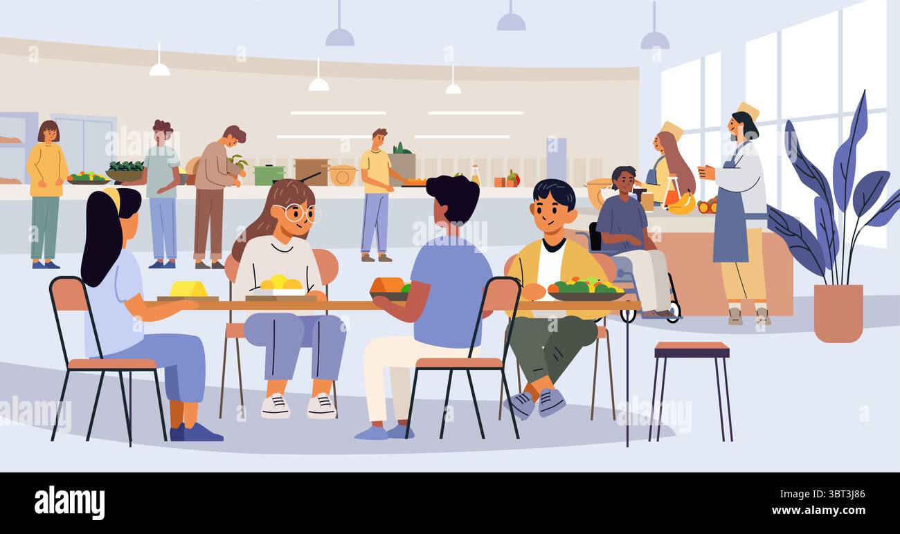 School cafeteria students eating lunch diverse kids sitting at tables ...