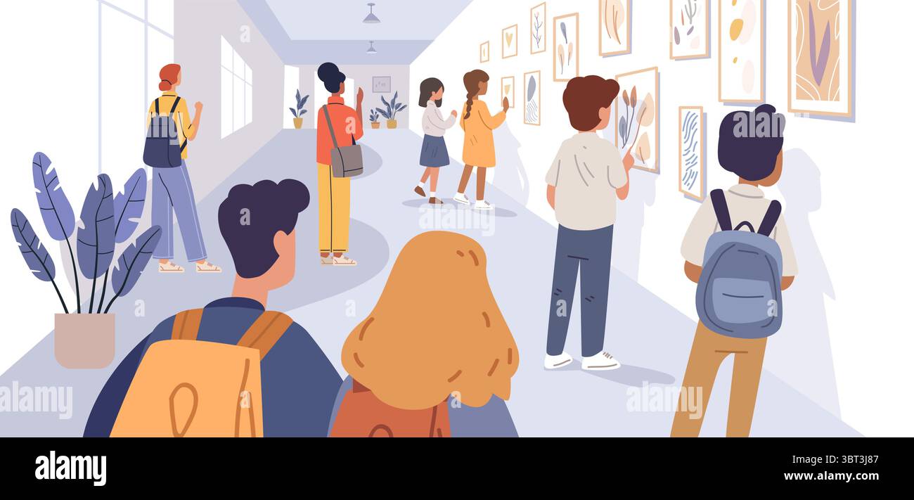 Students school hallway art exhibition group of children viewing framed ...