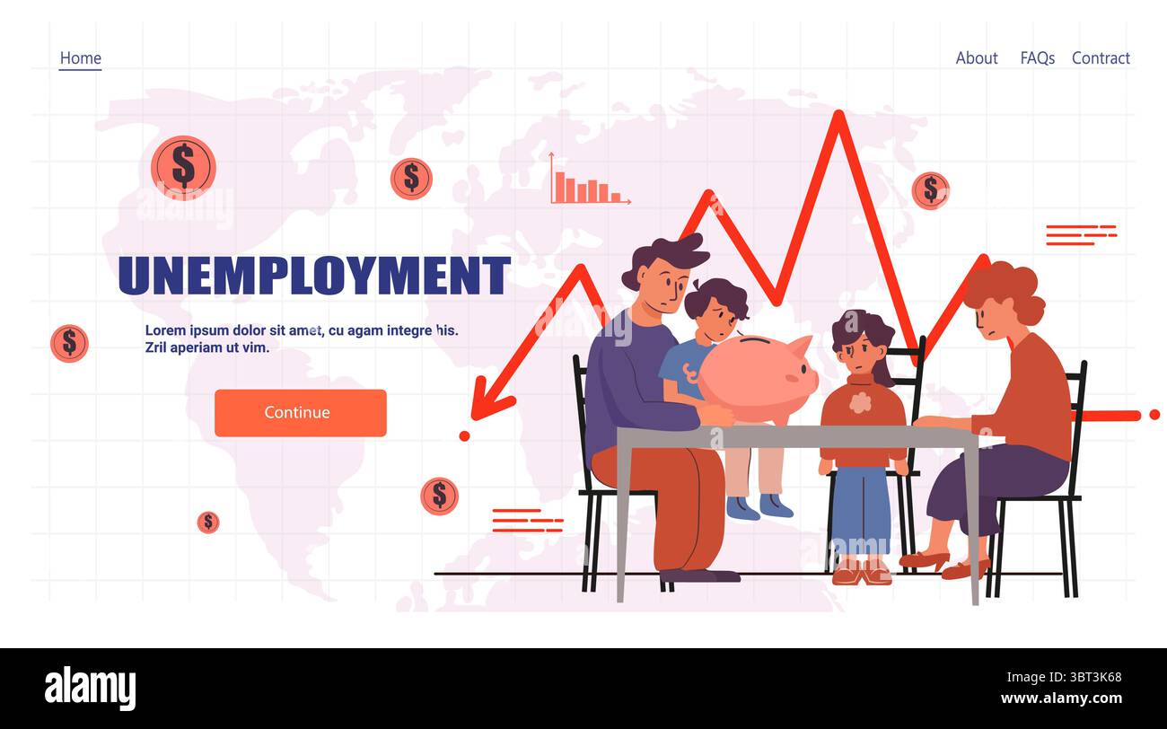 Unemployment economic crisis family financial stress piggy bank sad parents children declining ...