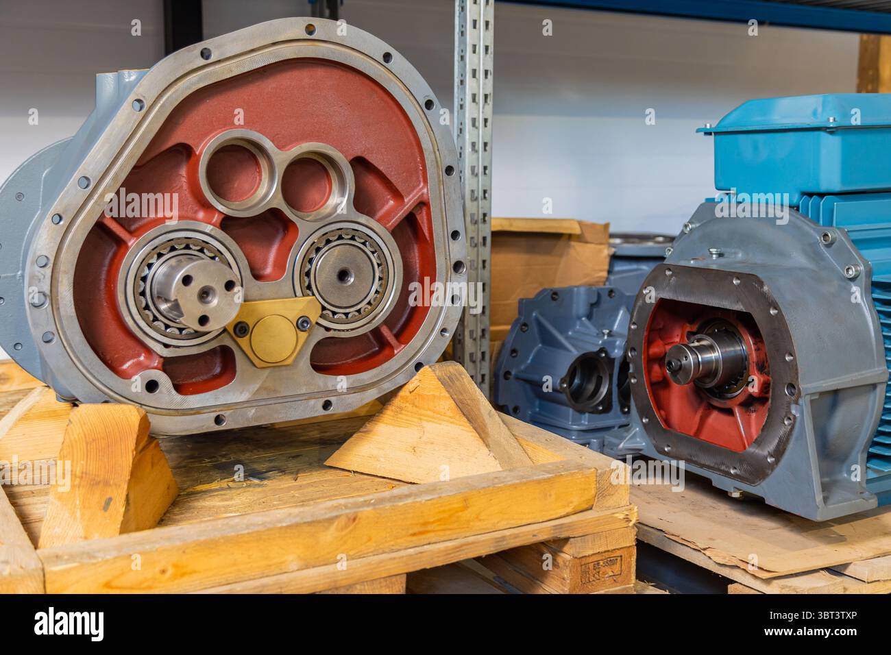Close up of gearbox housing revealing intricate gears and bearings ...