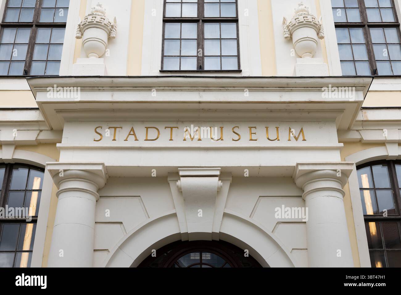 Dresden Stadtmuseum (city museum) sign in the building facade. Close-up ...