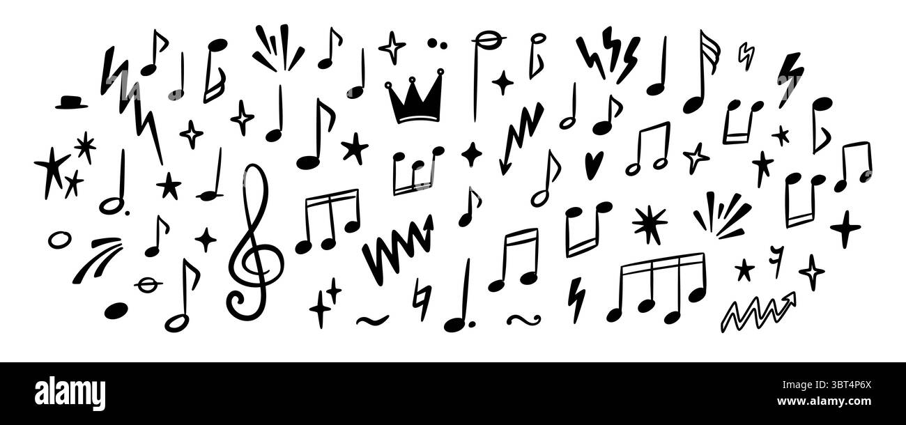 Musical hand drawn background. Music notes line doodle set. Whimsical ...