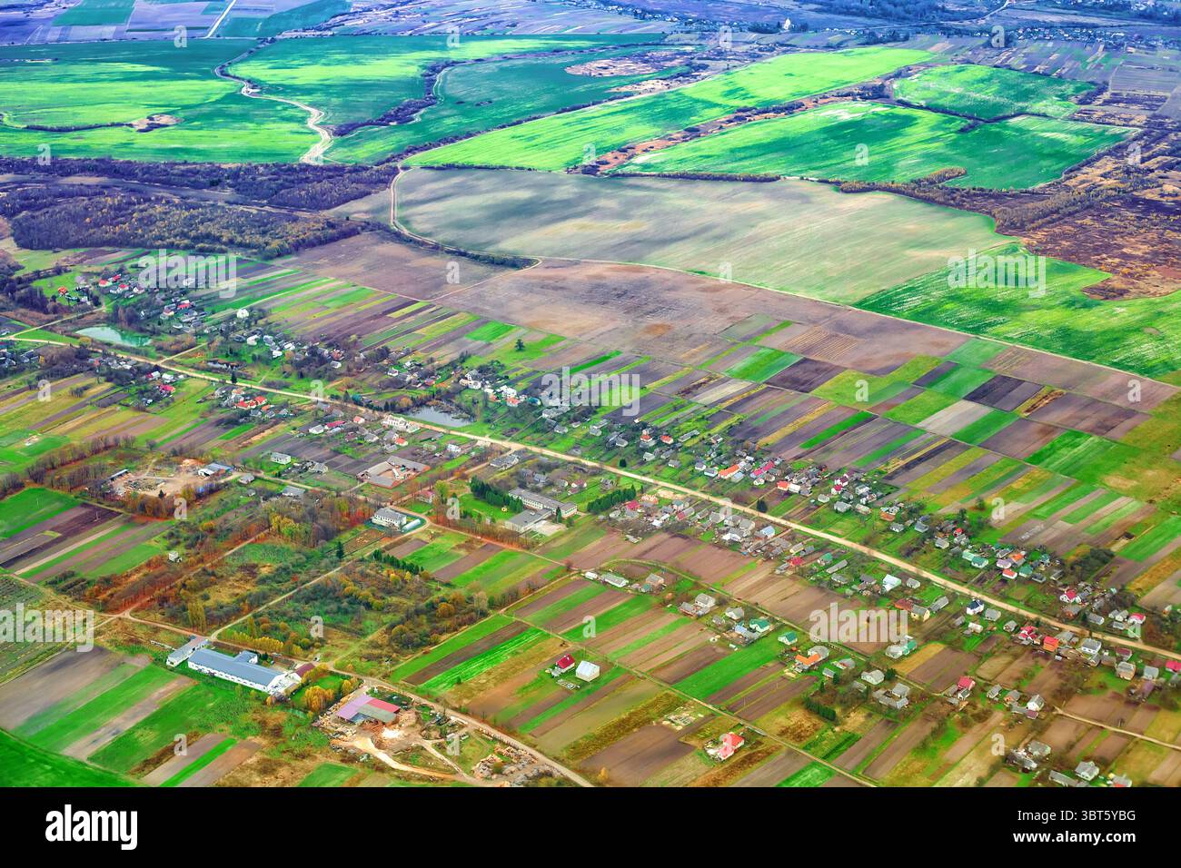 Aerial view of rural landscape with patchwork agricultural fields and ...