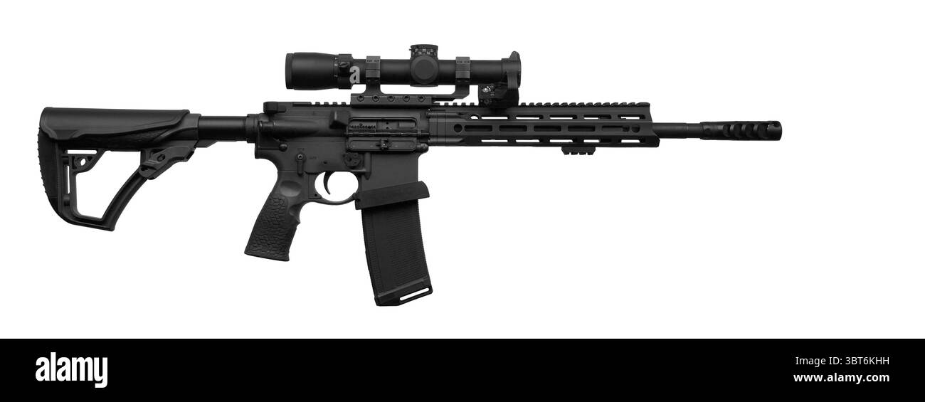 Modern tactical rifle with scope, adjustable stock, and modular ...