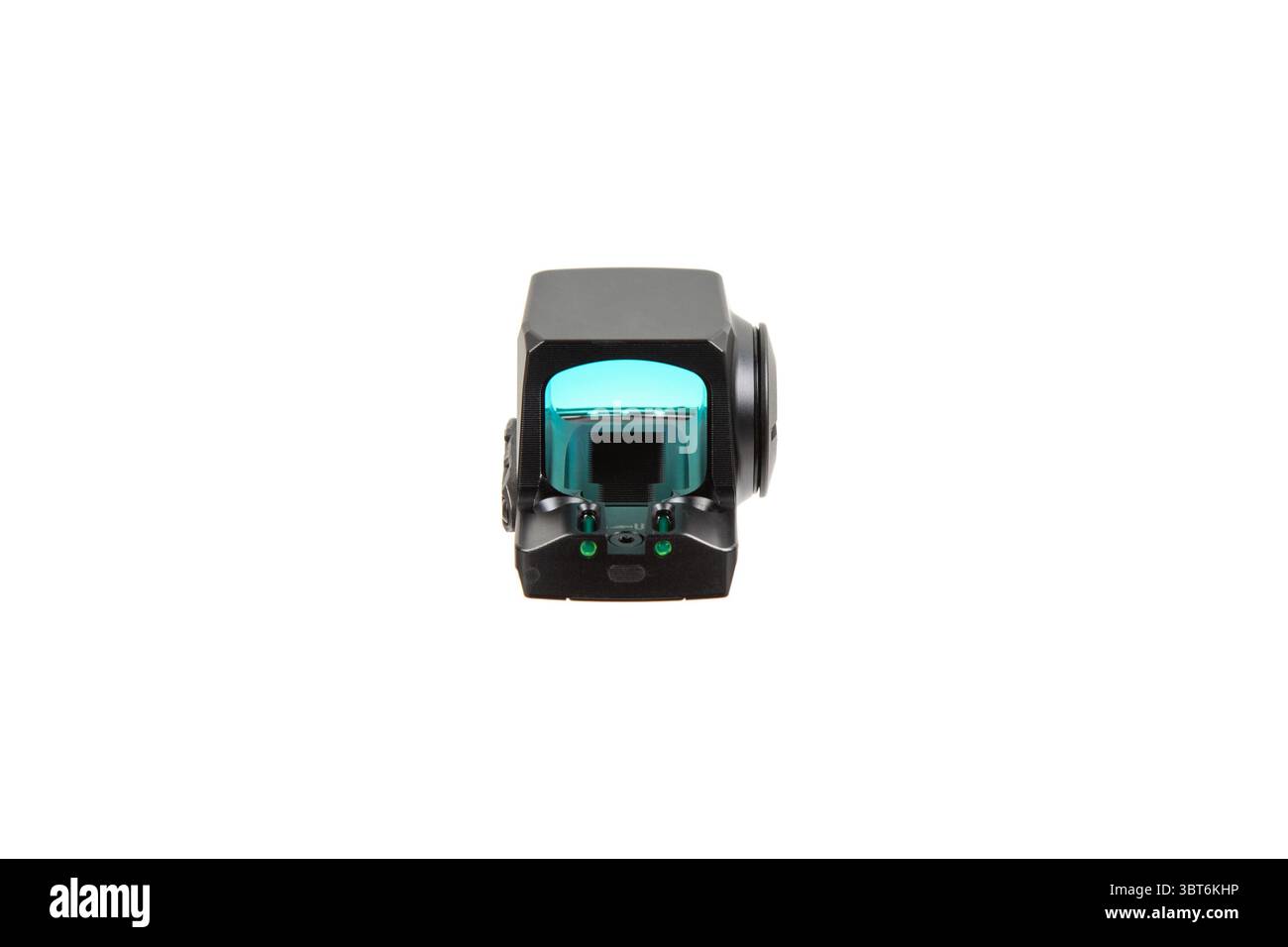 Compact black reflex red dot sight with tinted lens on white background ...