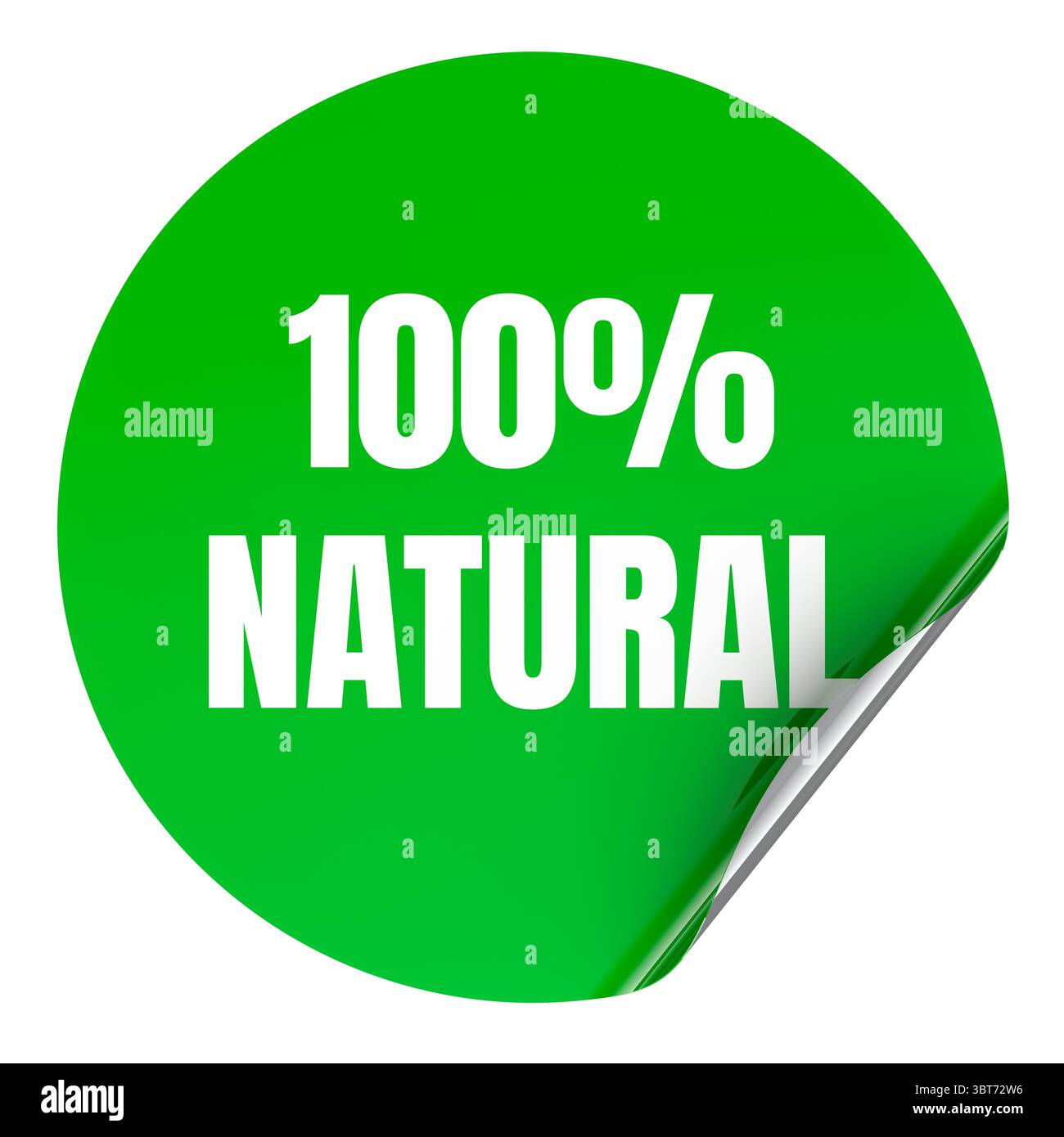 100 percent natural, green circular sticker with curled corner. 3D ...