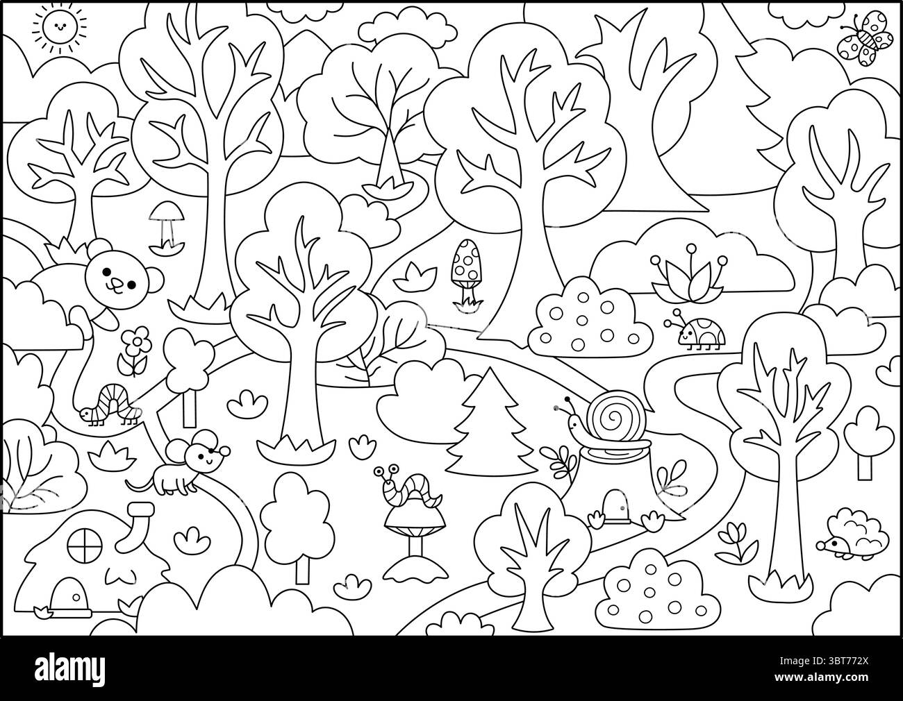 Vector black and white empty forest background. Cute woodland landscape ...