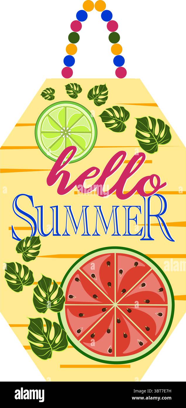 Hello summer sign wall decor, watermelon and lime with monstera leaves ...