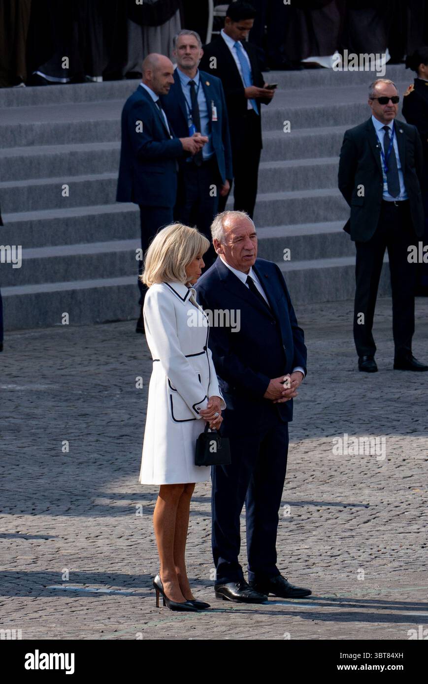 Paris, Potenza, FRA. 14th July, 2025. First Lady BRIGITTE MACRON with Prime Minister FRANÃ‡OIS ...