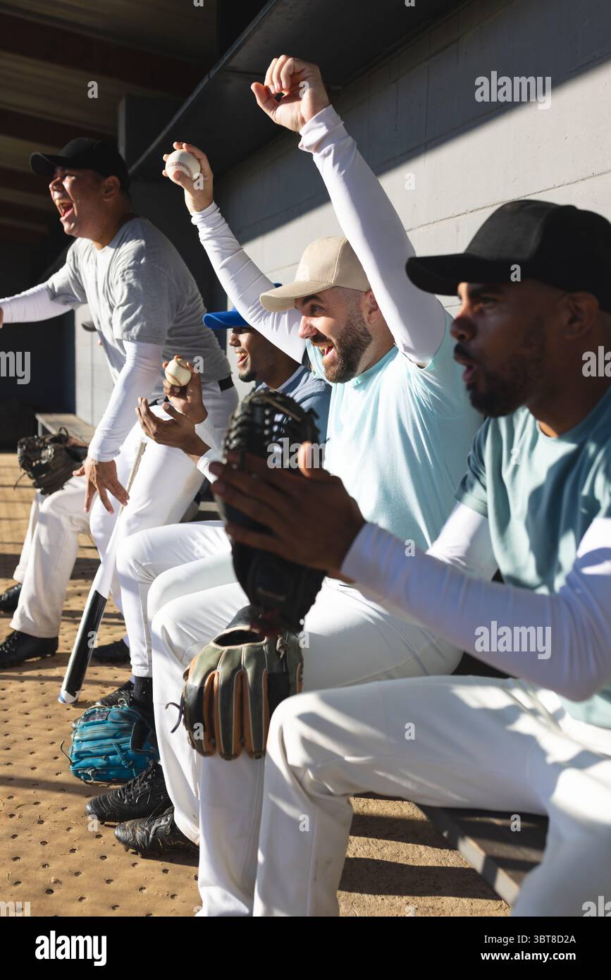 Diverse male baseball teammates cheering while sitting on bench in ...