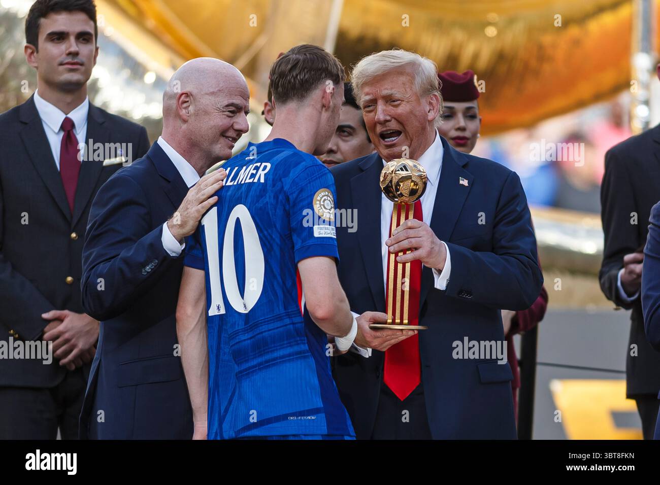 New Jersey - July 13: Cole Palmer of Chelsea FC, FIFA President Gianni Infantino and US ...