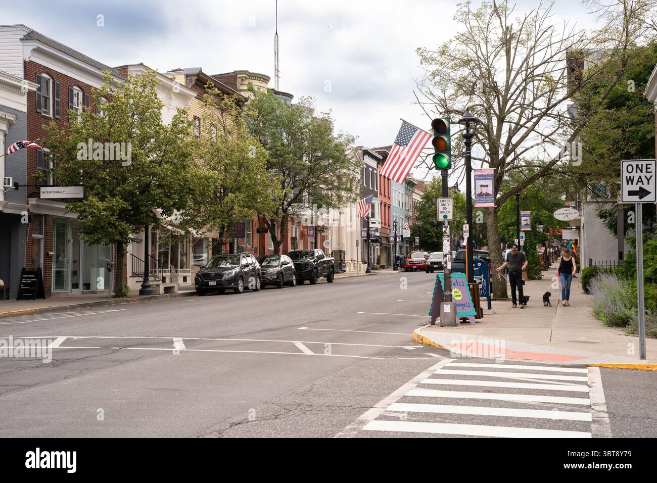 Scenic street scene from historic Hudson NY in Columbia County with ...