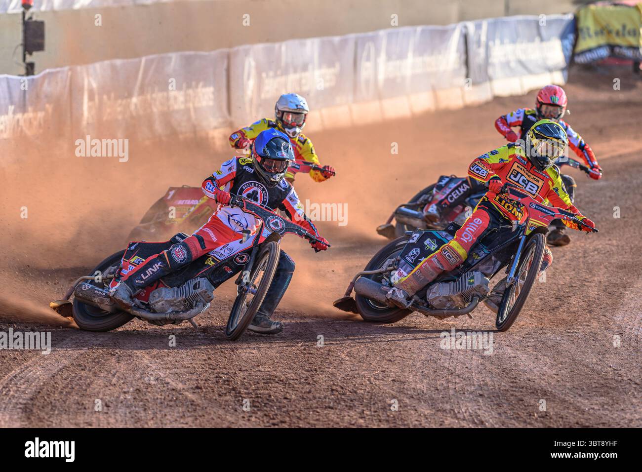 Belle Vue Aces' Zach Cook in Blue rides outside Leicester Lions' Ryan ...