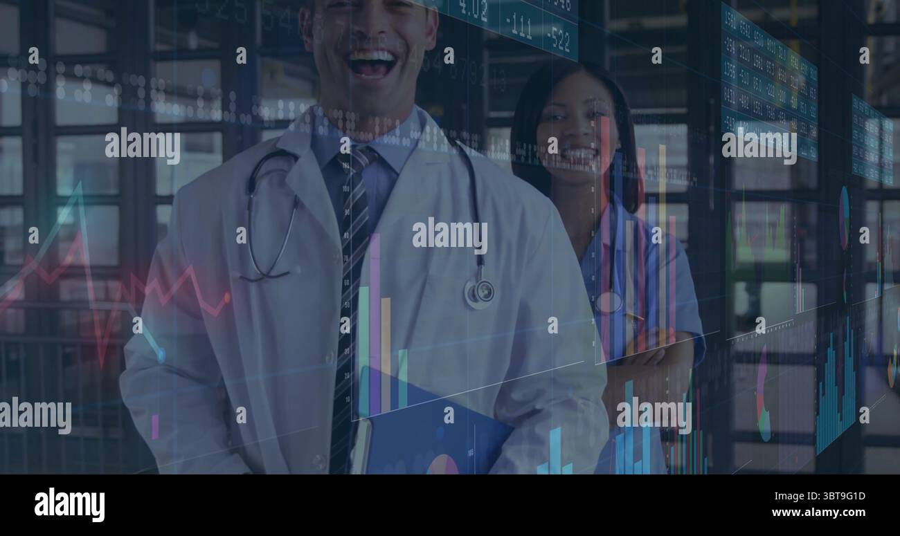 Standing professionals in lab coat, scrubs analyzing floating charts ...