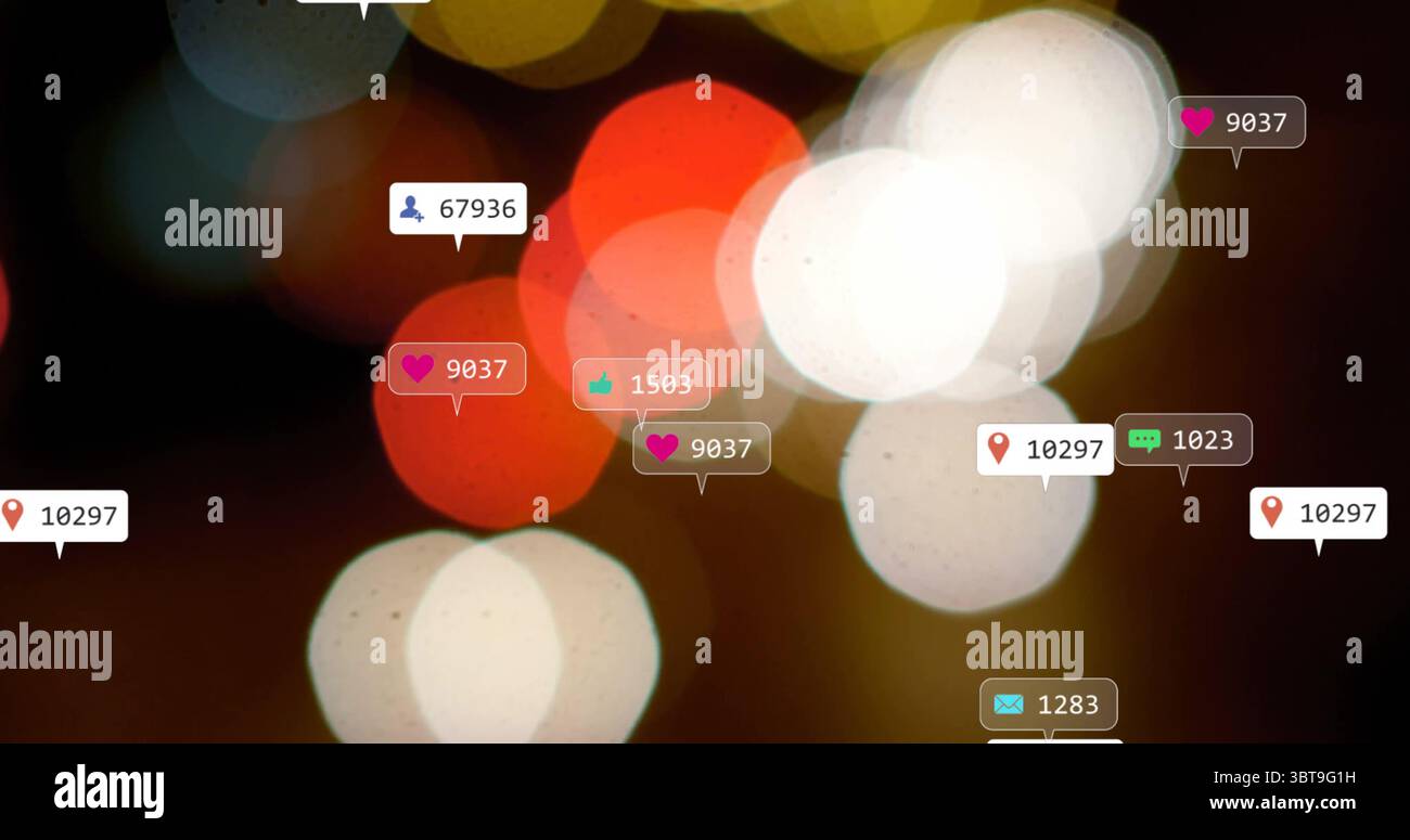 Displaying heart thumbs-up follower icons over urban bokeh background ...