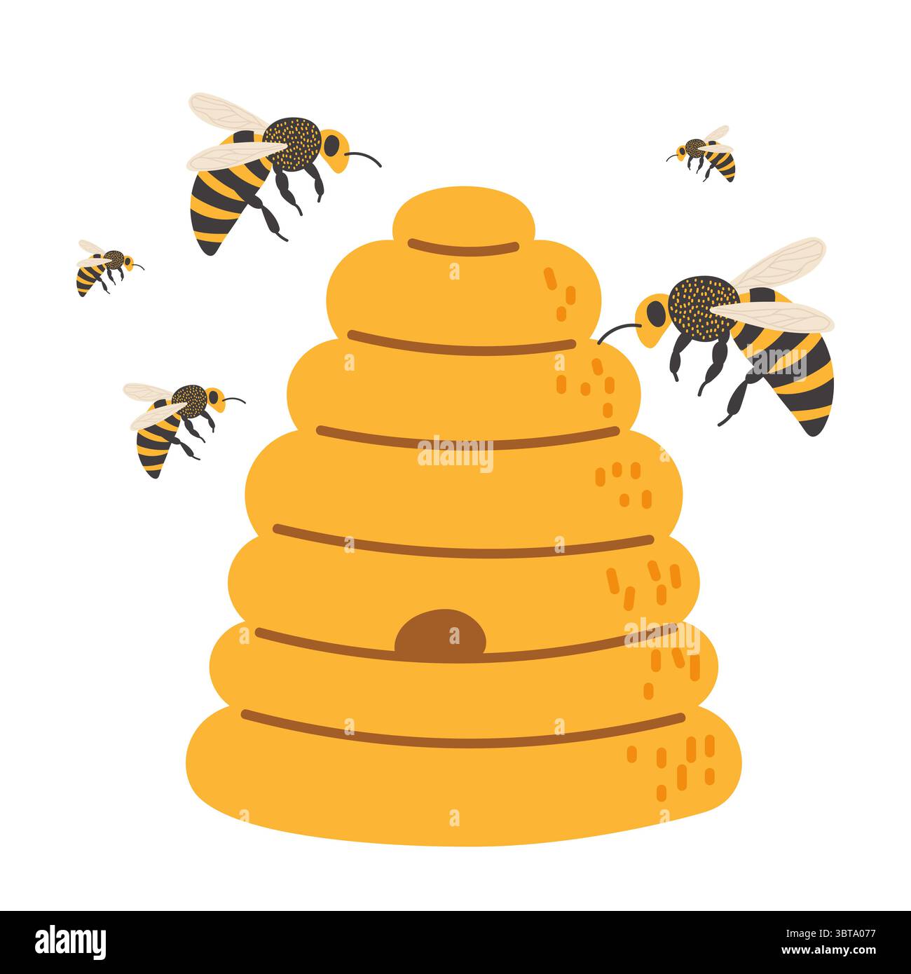 Busy bees collecting nectar around a vibrant beehive in a sunny garden ...