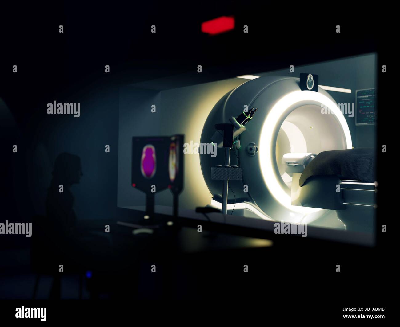 3D rendering depicts a futuristic MRI scanning room where an operator ...