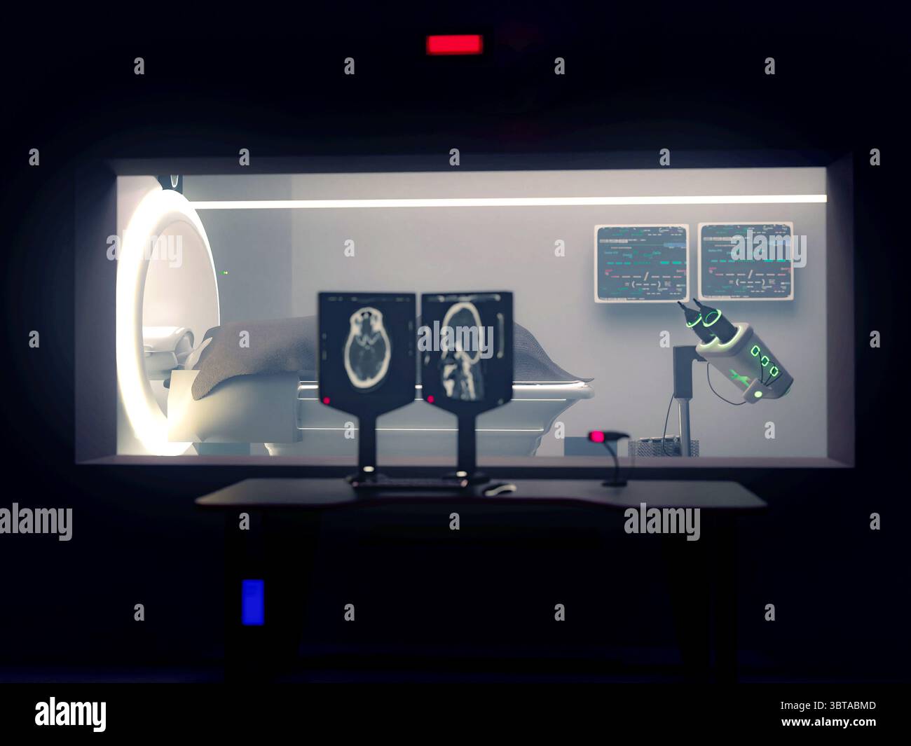 3D rendering depicts a futuristic MRI scanning room where an operator monitors brain scans from ...