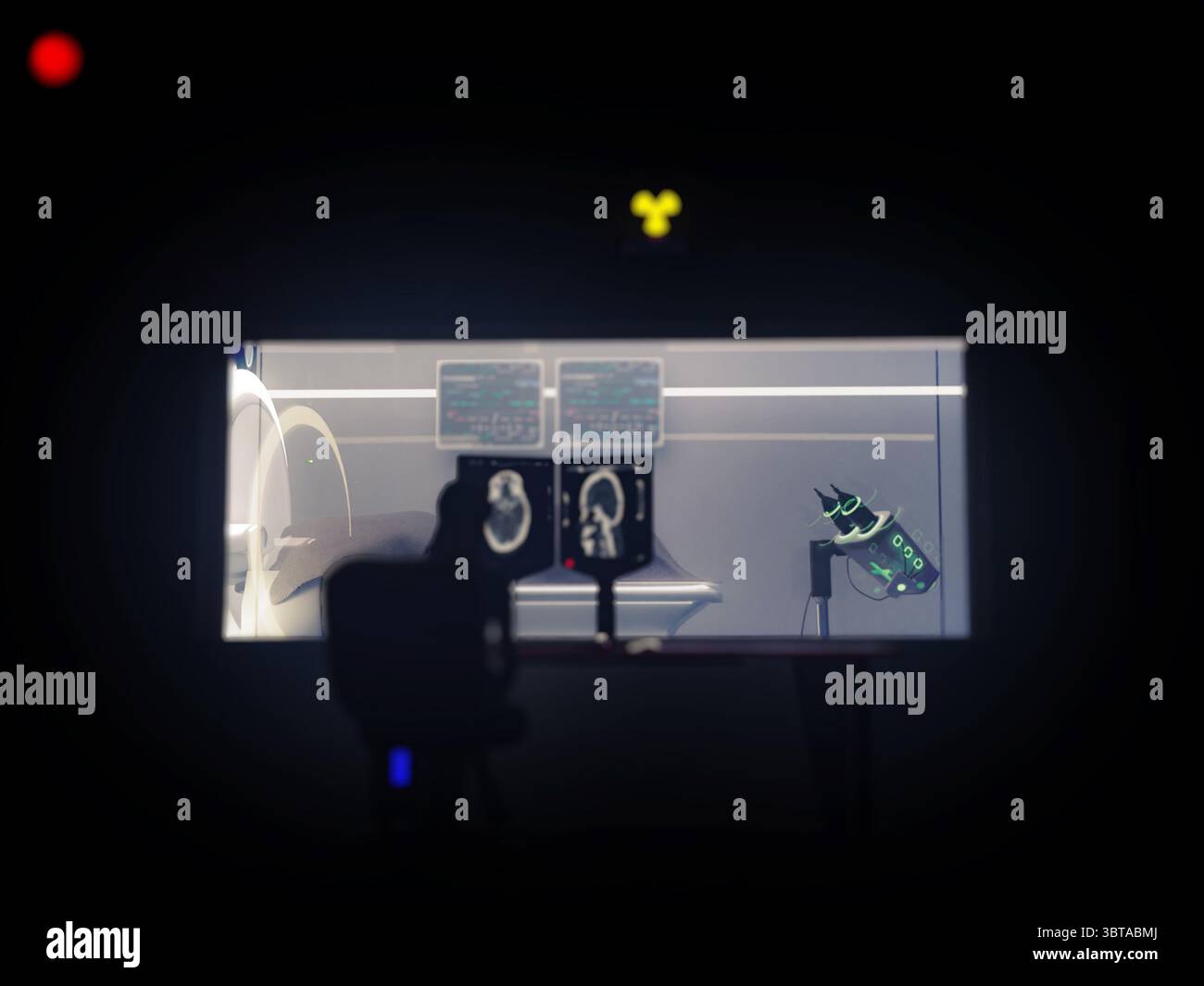 3D rendering depicts a futuristic MRI scanning room where an operator ...