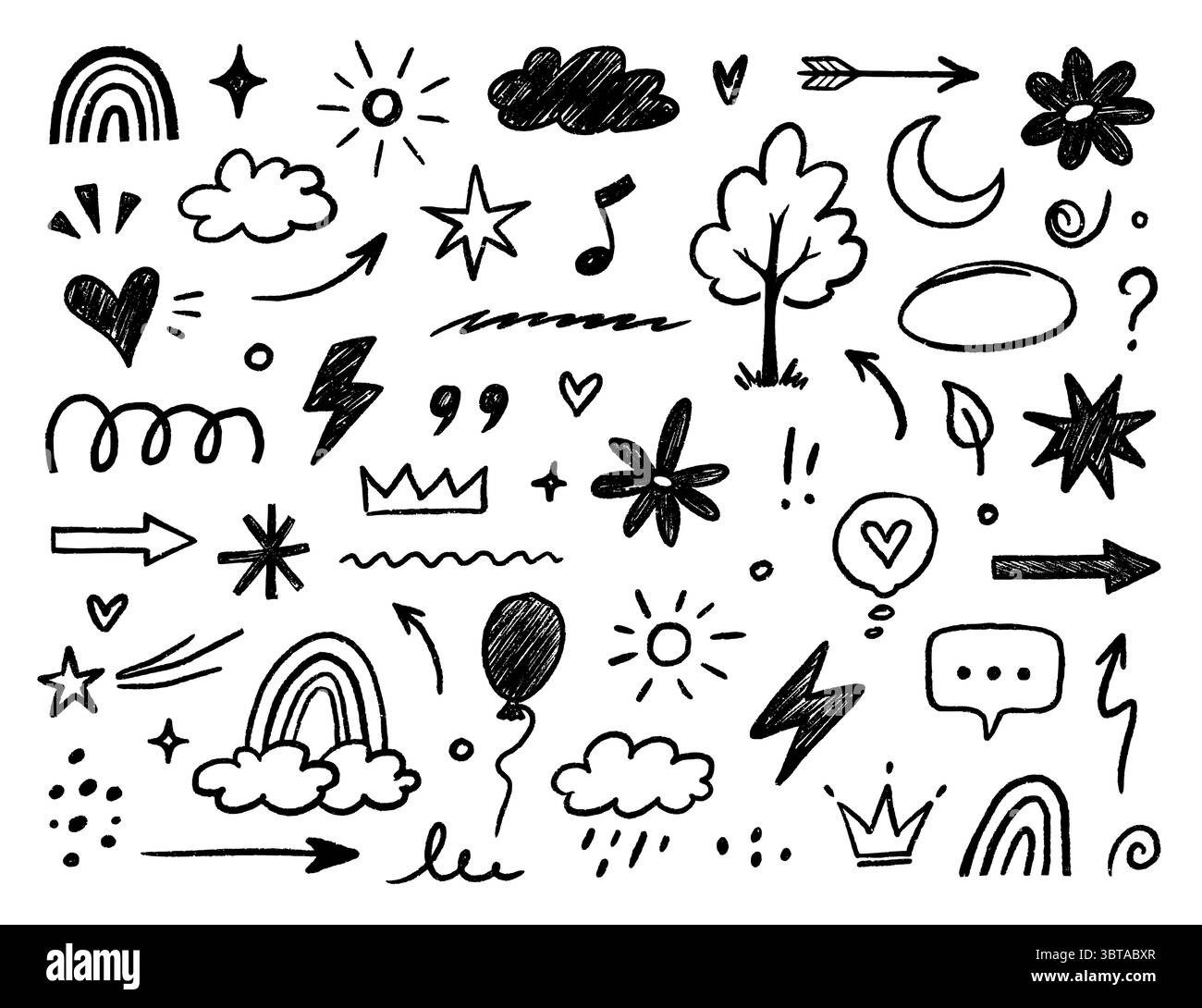 Hand drawn crayon chalk icon set. Cute flower, heart, cloud, star ...