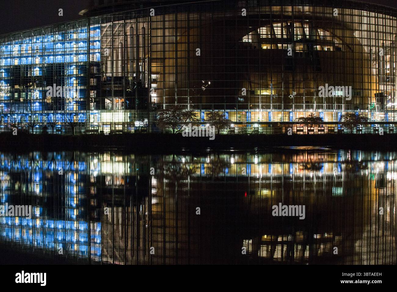A night view of the Louise Weiss building, official headquarters of the ...